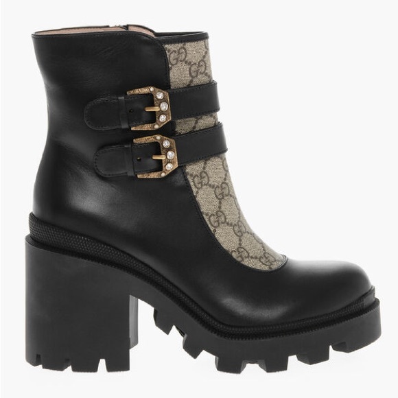 Gucci | Shoes | New Gucci Boots Gg Monogram Crystal Buckle Black Ankle ...